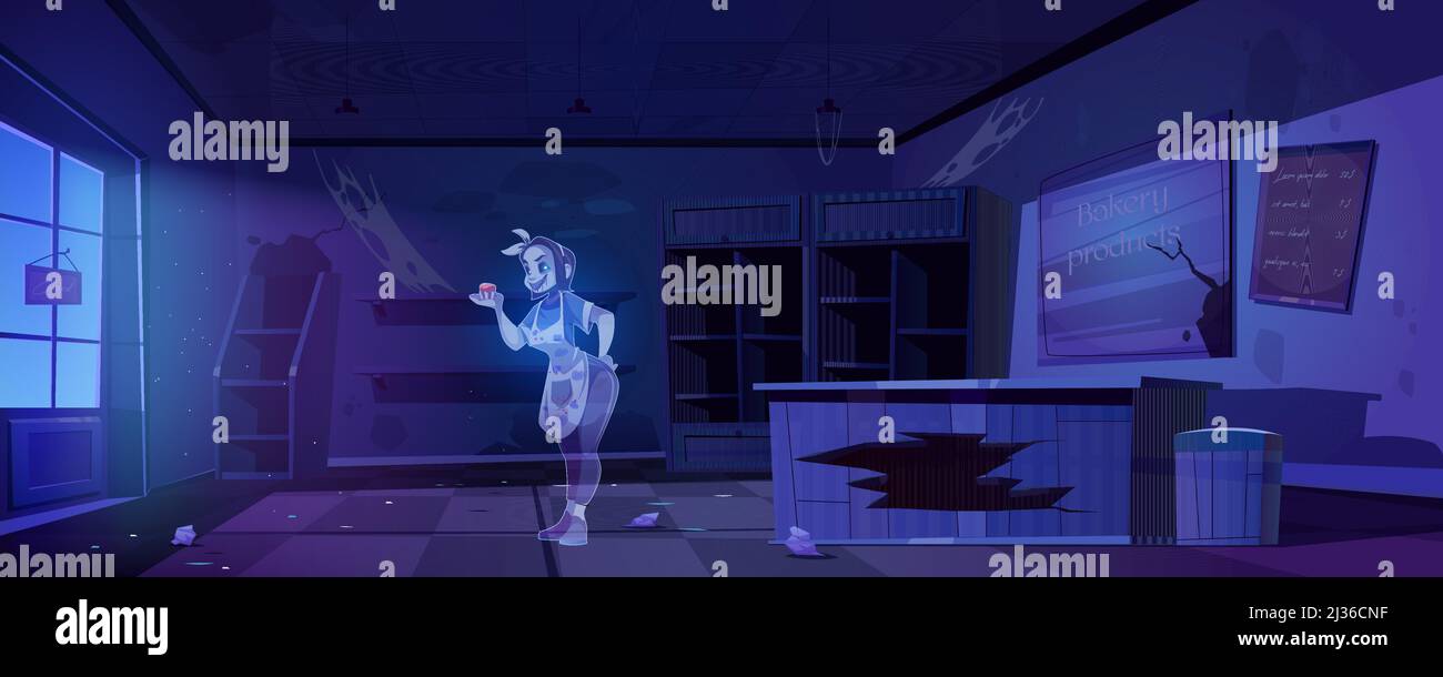 Woman ghost in old abandoned bakery shop at night. Vector cartoon ...