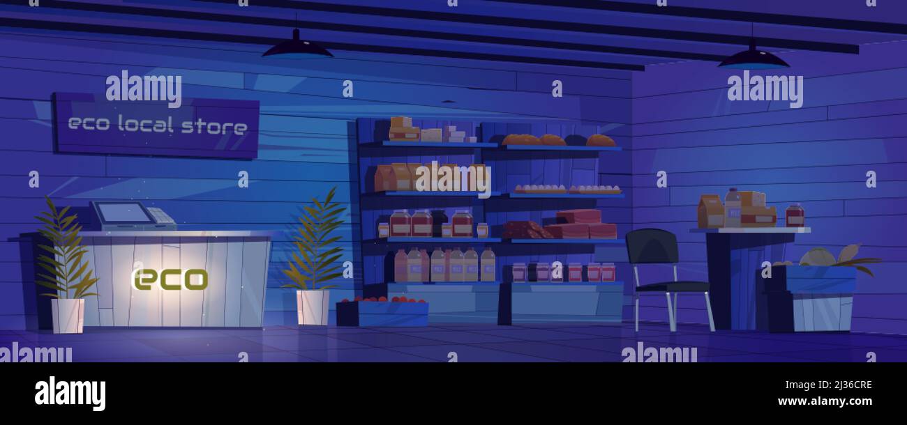Eco local store with wooden counter, cashbox and organic products on ...