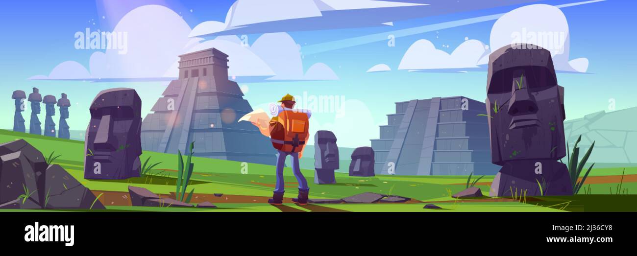 Traveler with map at ancient mayan pyramids and moai statues on Easter ...