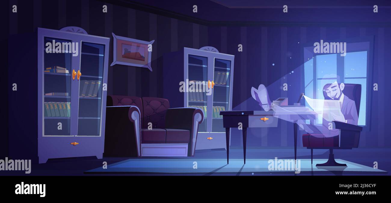Vintage home office with man ghost in chair at night. Vector cartoon ...