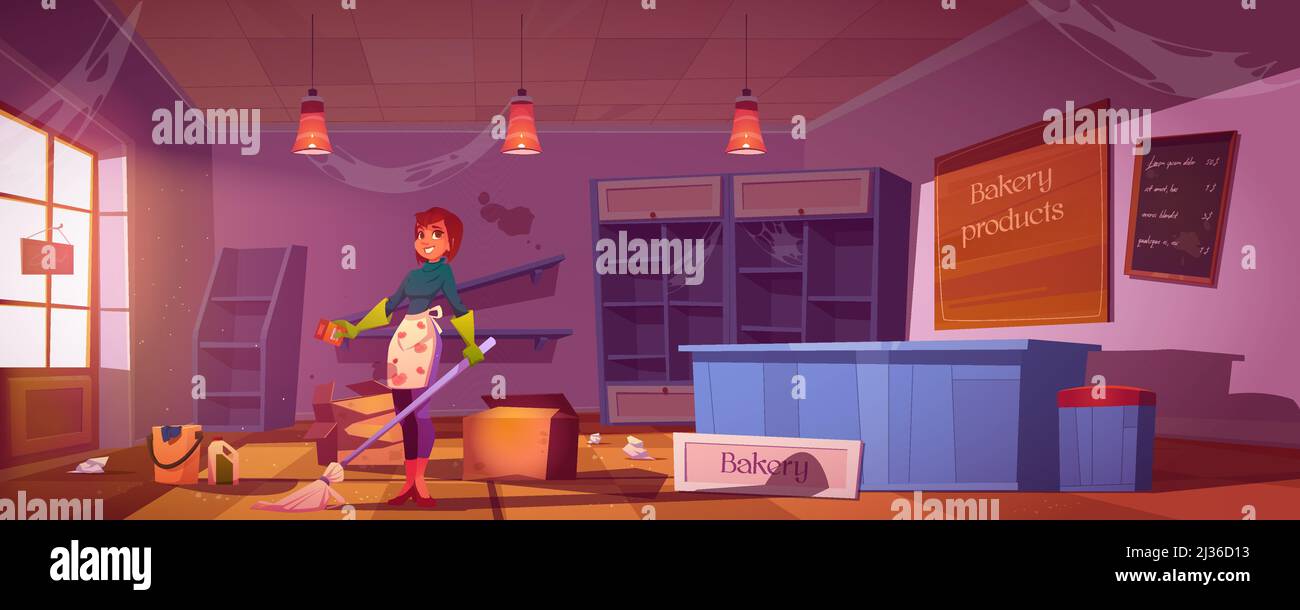 Woman cleaning dirty bakery shop with empty shelves, mess and trash ...