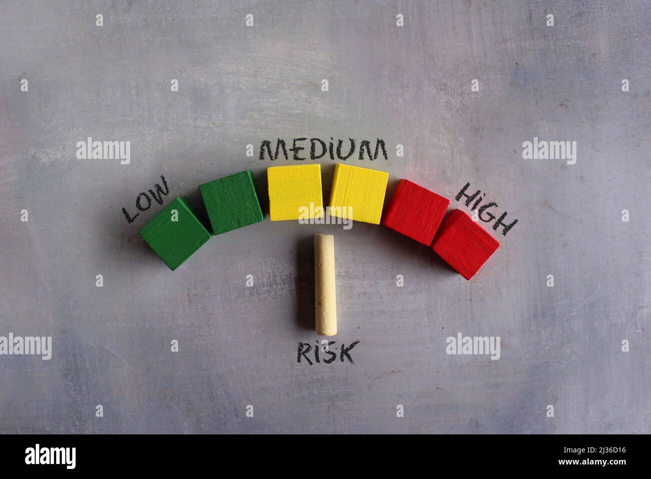 Colorful wooden cubes and chalkboard. Risk indicator, risk meter ...