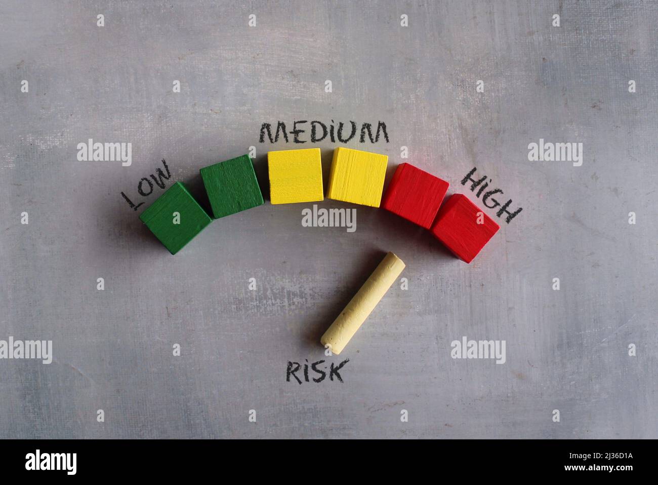Colorful wooden cubes and chalkboard. Risk indicator, risk meter ...