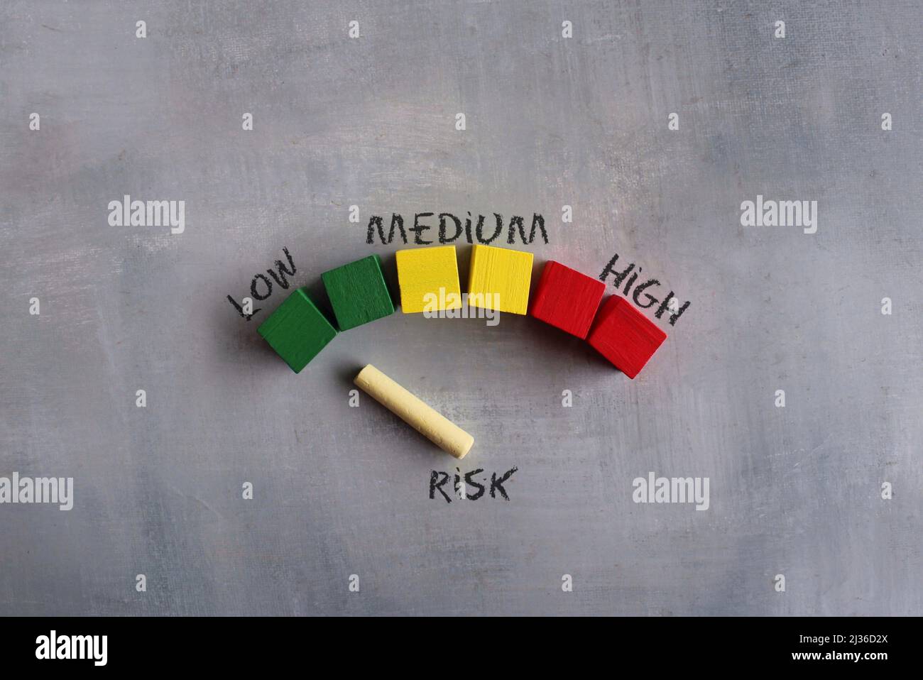 Colorful wooden cubes and chalkboard. Risk indicator, risk meter ...