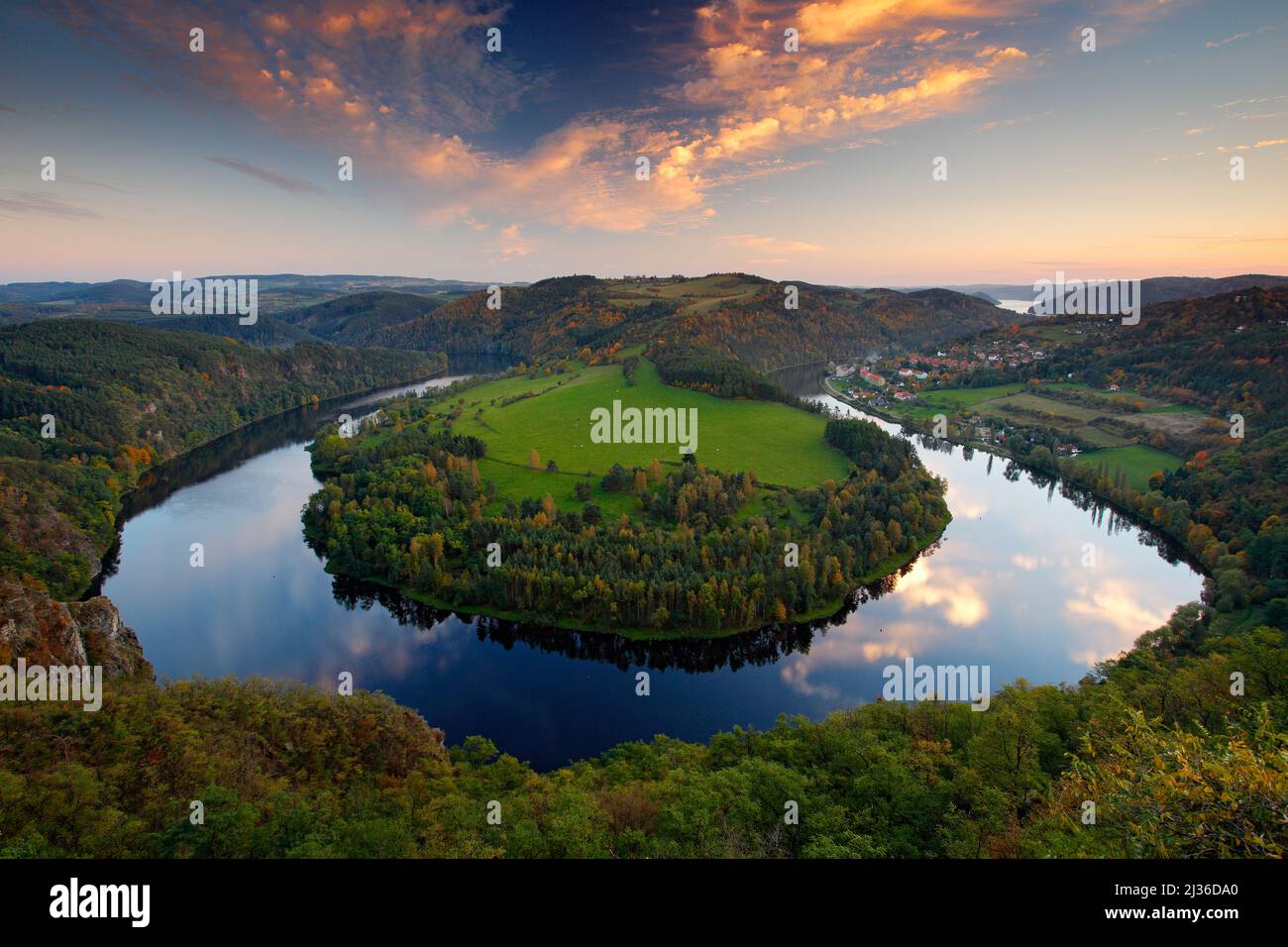 Evening sunset at horseshoe bend, Vltava river, Czech republic. Evening ...