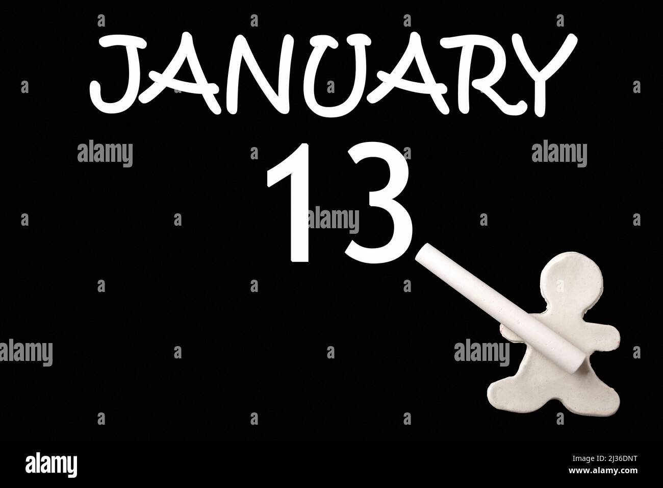 13th day of January. A small white plasticine man writing the date 13 ...