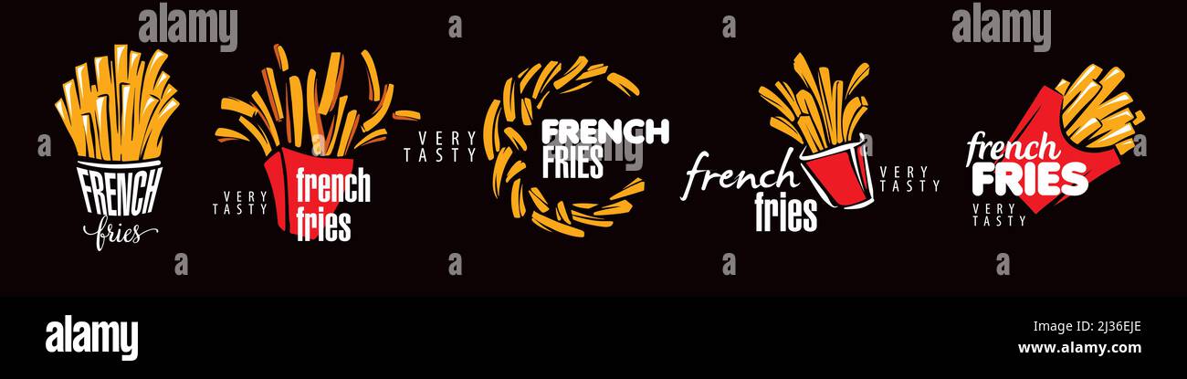 A set of vector illustrations of French fries on a black background ...