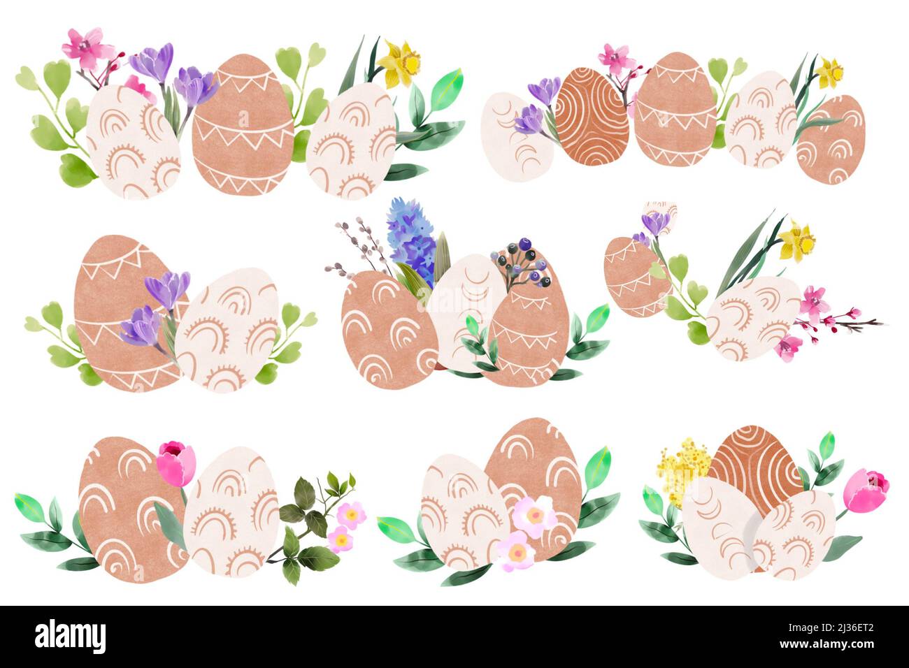 Set of easter boho eggs on an isolated white background, floral design ...