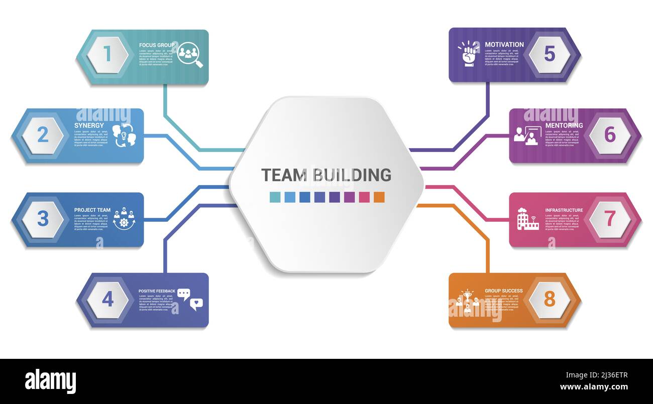 Infographic Team Building template. Icons in different colors. Include ...