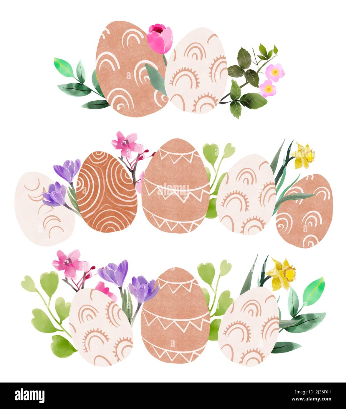 Set of easter boho eggs on an isolated white background, floral design ...