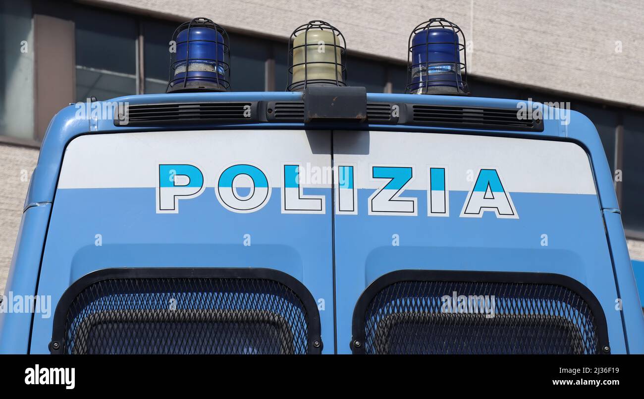 Italian Police rear van with Polizia logo. Italy Stock Photo - Alamy