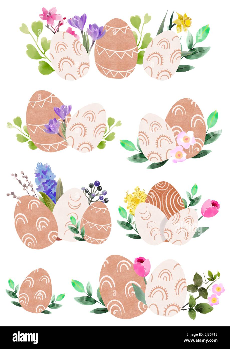 Set of easter boho eggs on an isolated white background, floral design ...