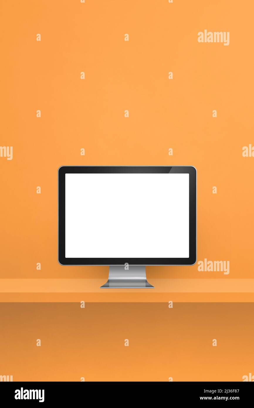 Computer pc - orange wall shelf. Vertical background. 3D Illustration ...