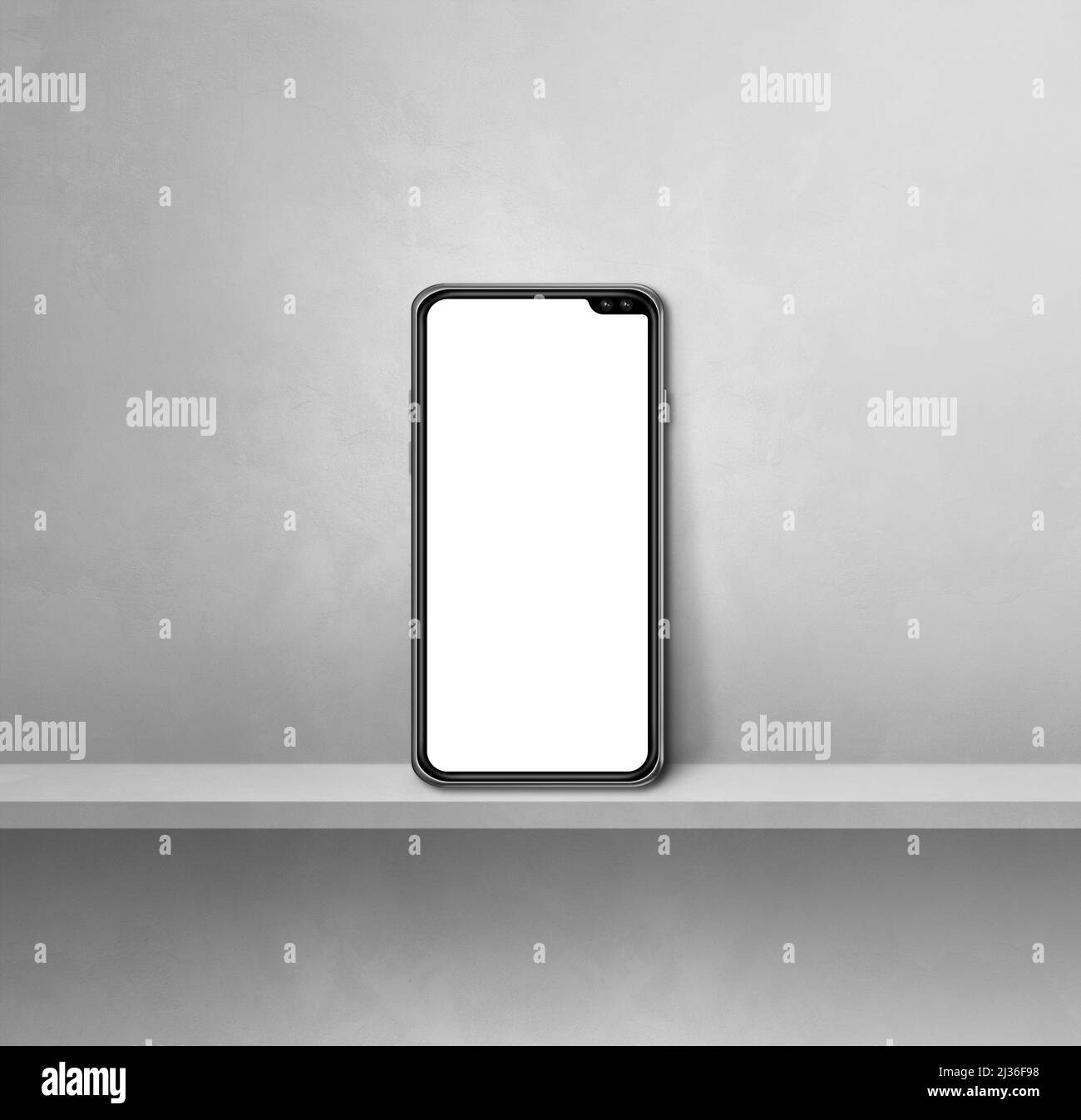 Mobile phone on grey wall shelf. Square background. 3D Illustration ...