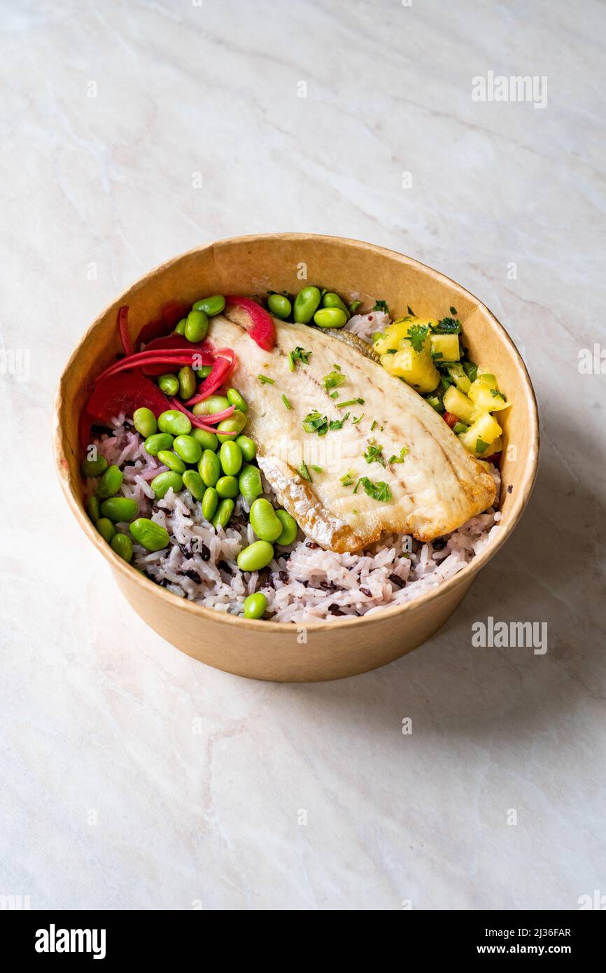 Sea Bass Fillet Fish Poke Bowl with Edamame Beans, Basmati Rice, Onion ...