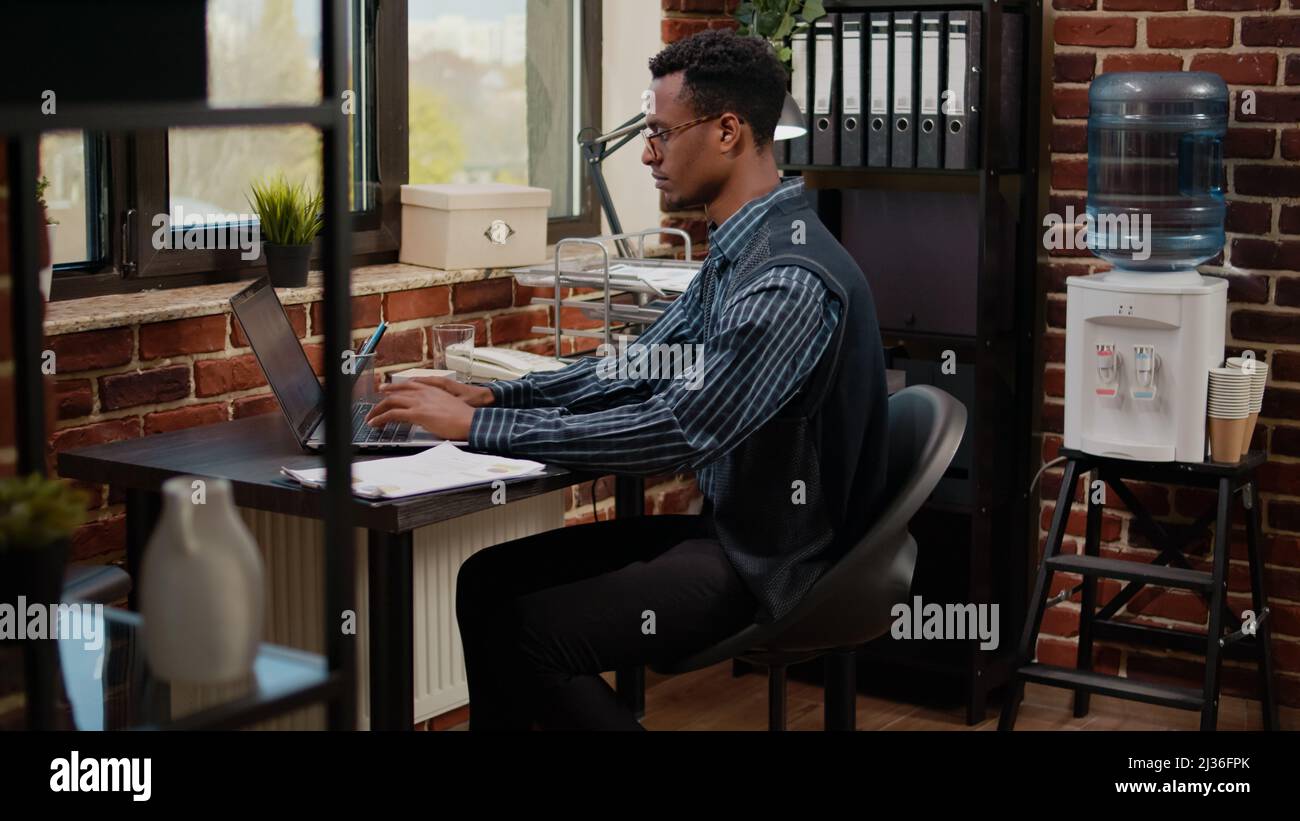 African american man pondering about successful solution, feeling ...