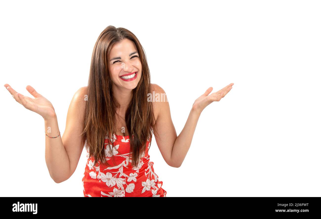 Portrait of young amazed caucasian female raising palms and can not ...