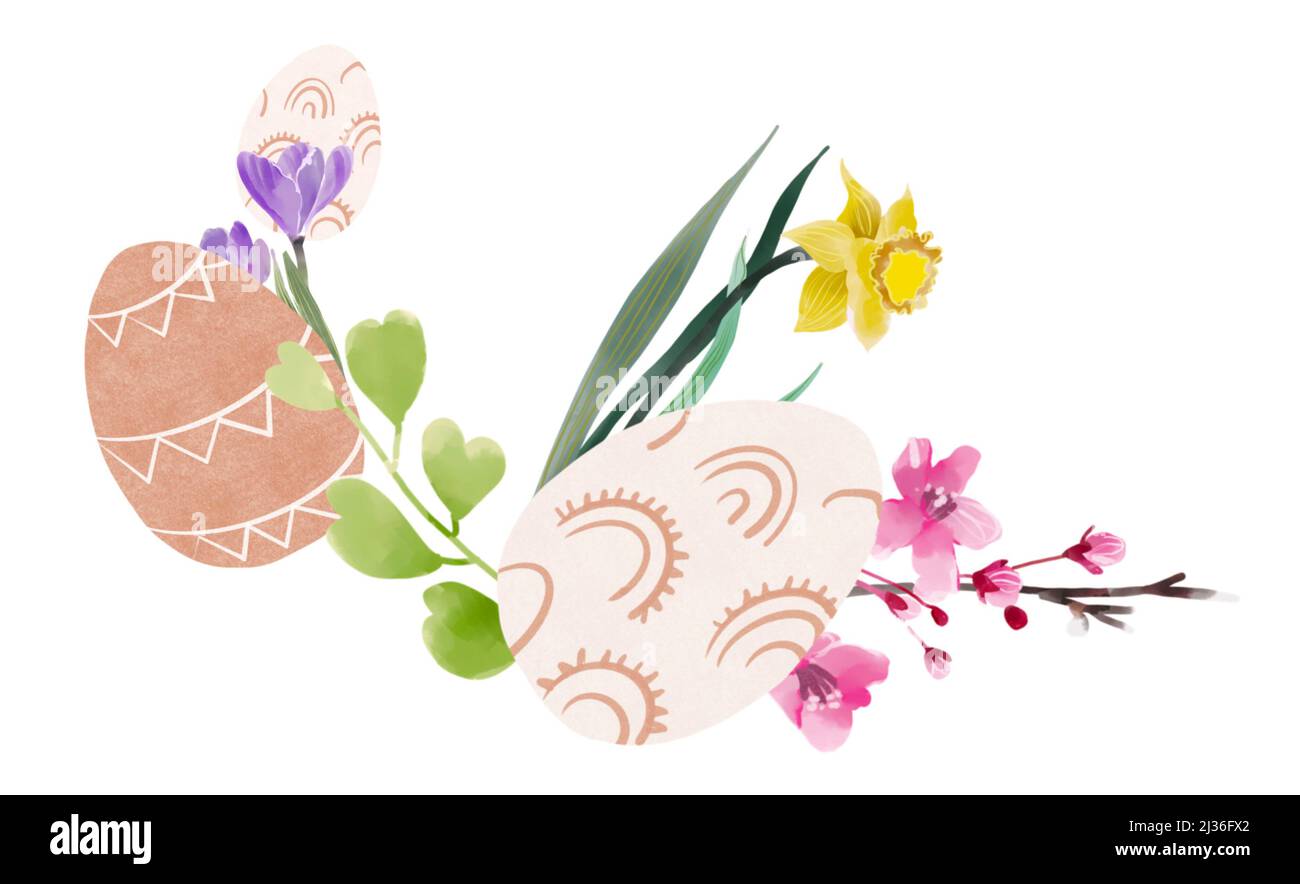 Boho Easter spring eggs with blossom, greeting cards with eggs and ...