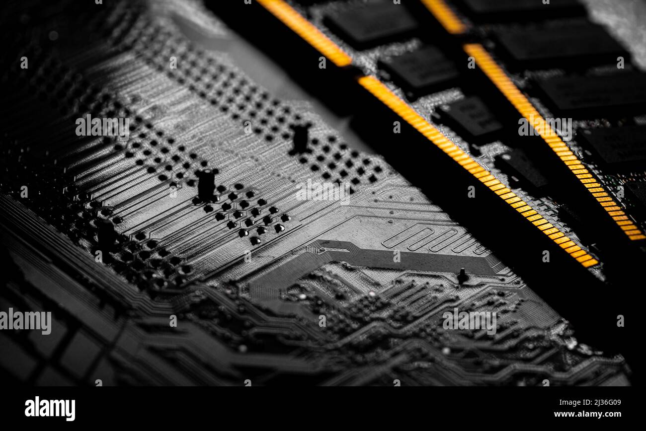 Macro Close up of computer RAM chip; random access memory chip slot for ...
