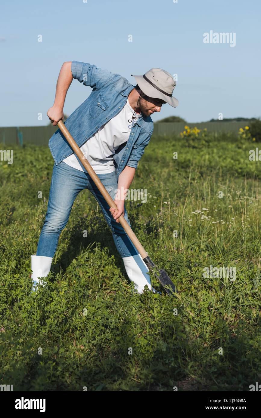full length view of farmer in brim hat and denim clothes digging in ...