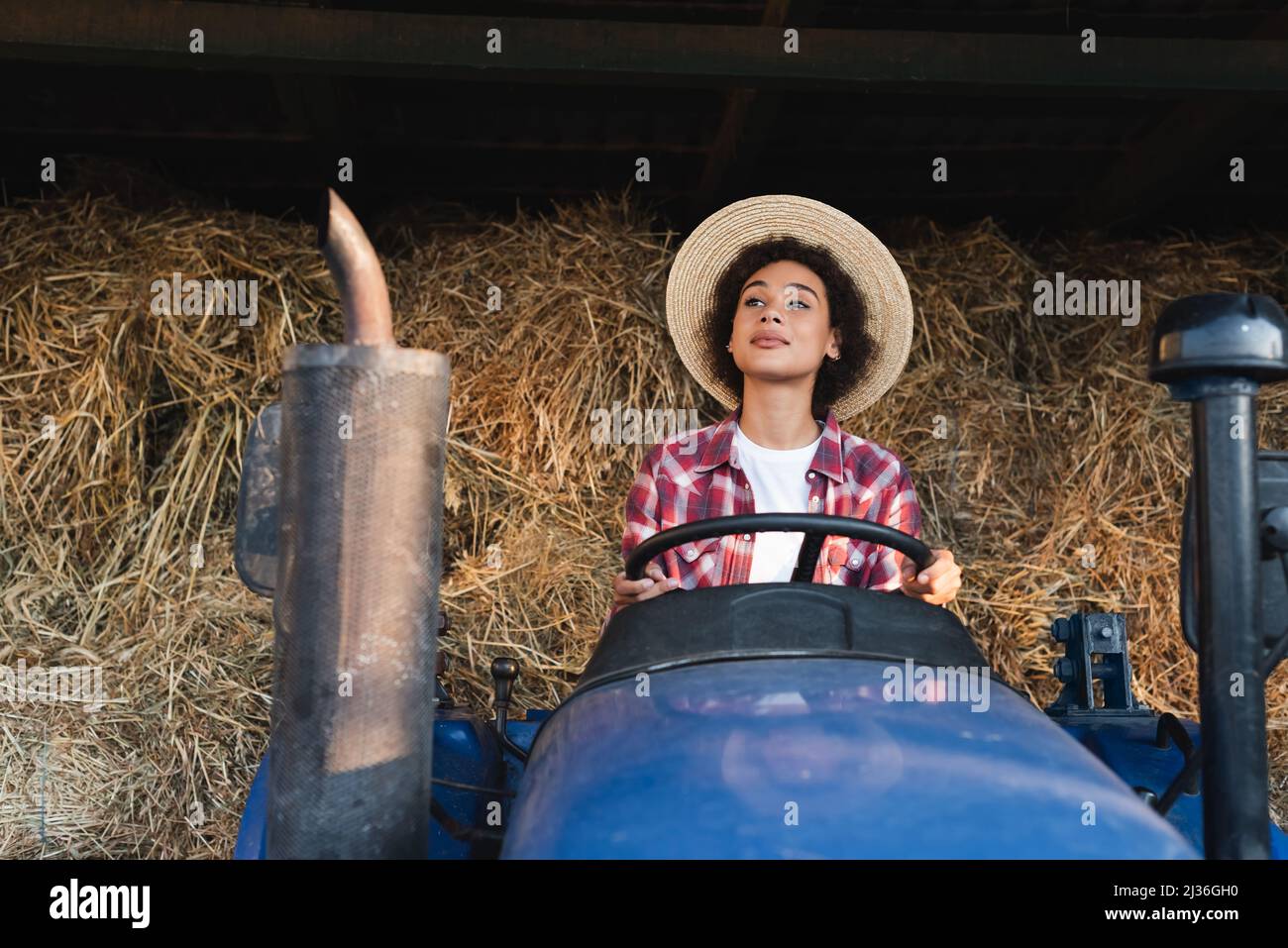 african american woman looking away while driving tractor on farm Stock ...