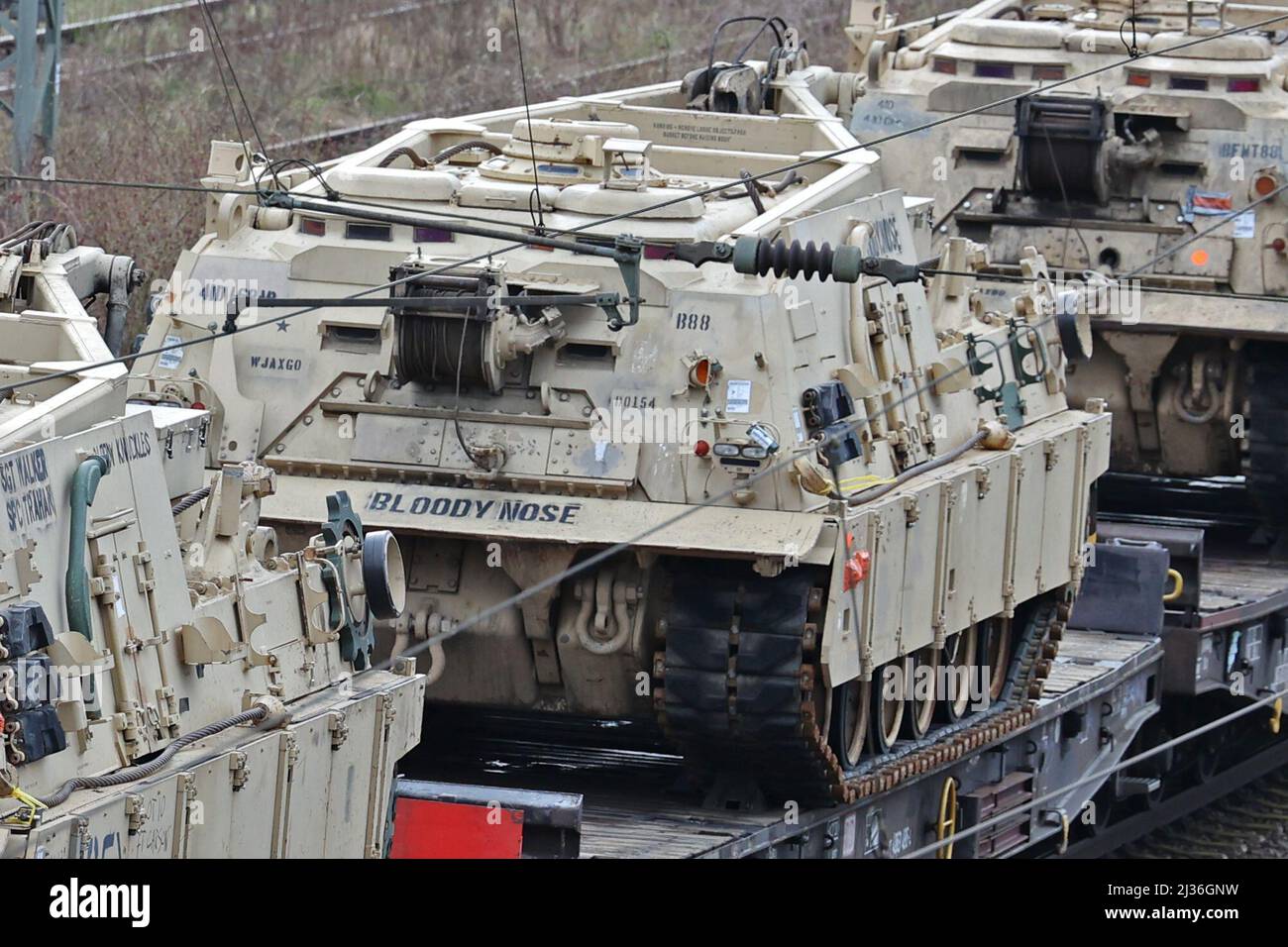 Magdeburg, Germany. 05th Apr, 2022. "Bloody Nose" is written on a tank ...