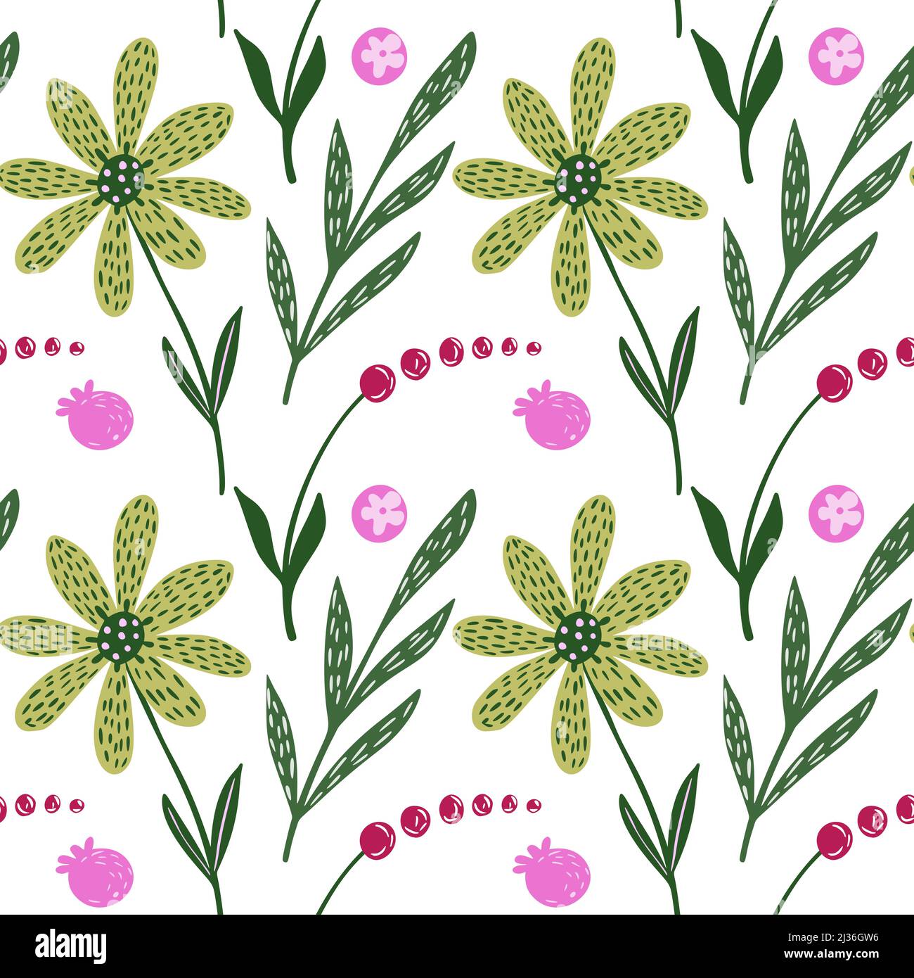 Cute floral seamless pattern on white background. Pink and green ...