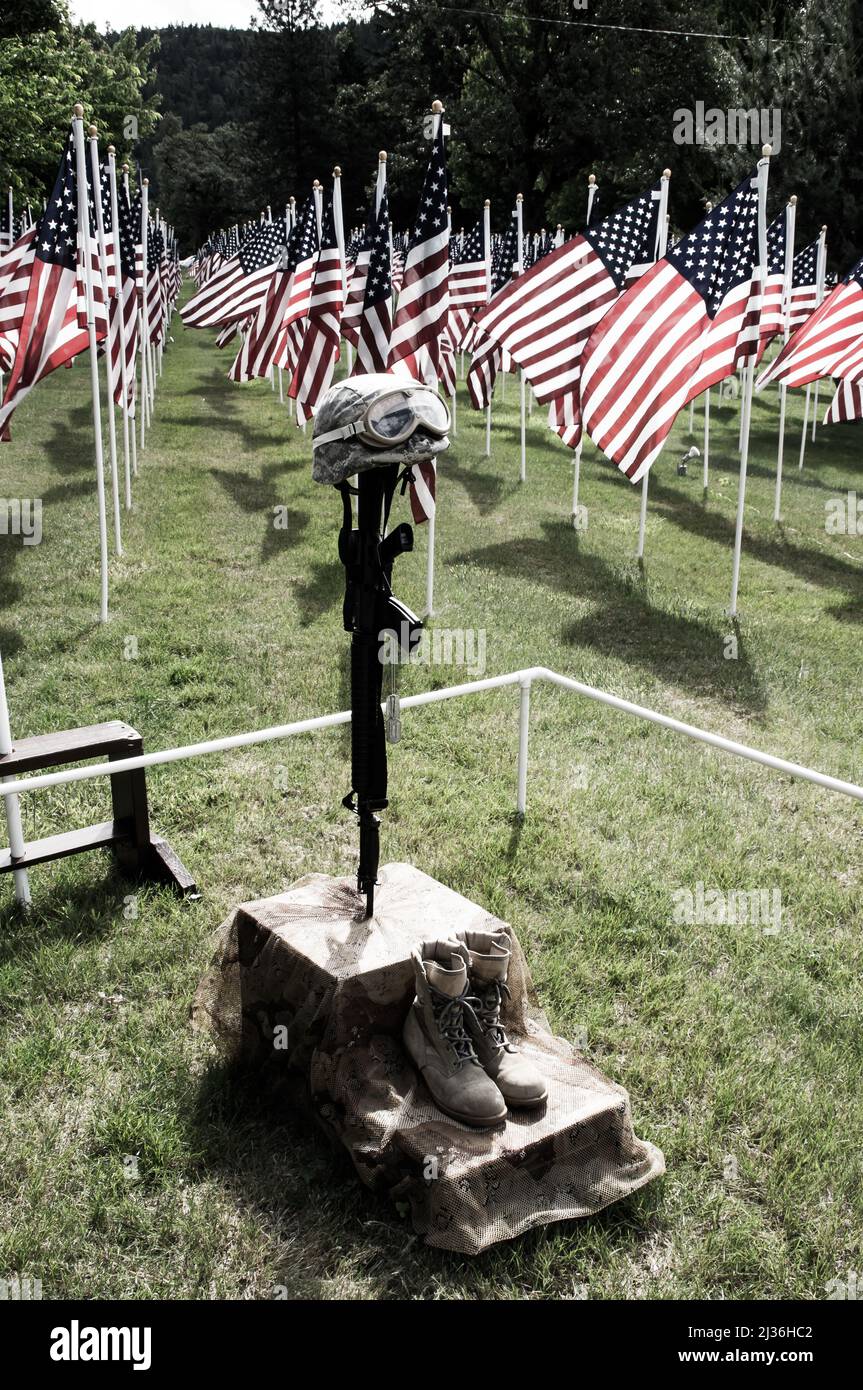 A view of a memorial cemetery at the ceremony with American flag posts ...