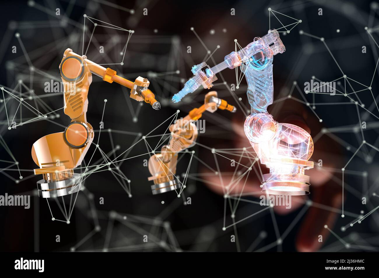 A 3d of Industry 4.0 concept Robot arm in smart factory background on ...