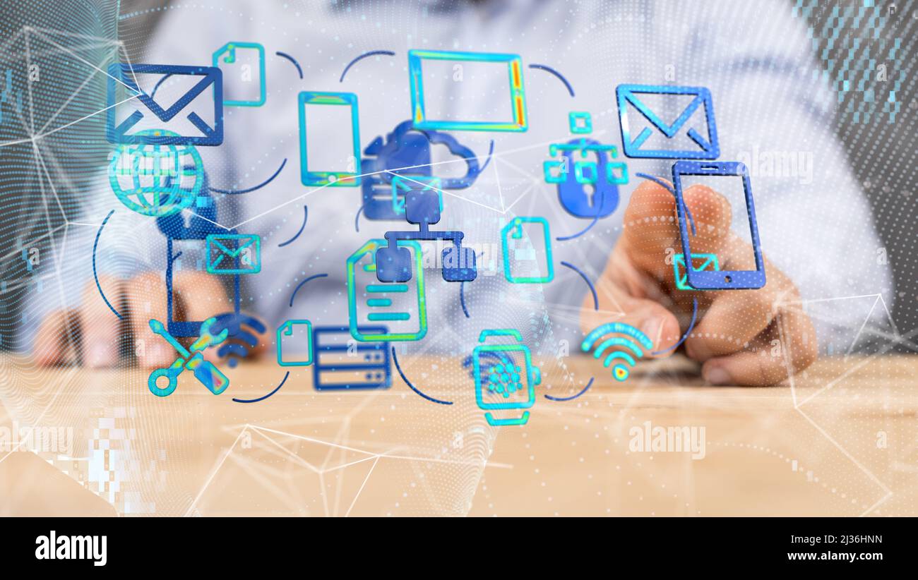 A 3D render of an email symbol and Network Communications with a blurry ...