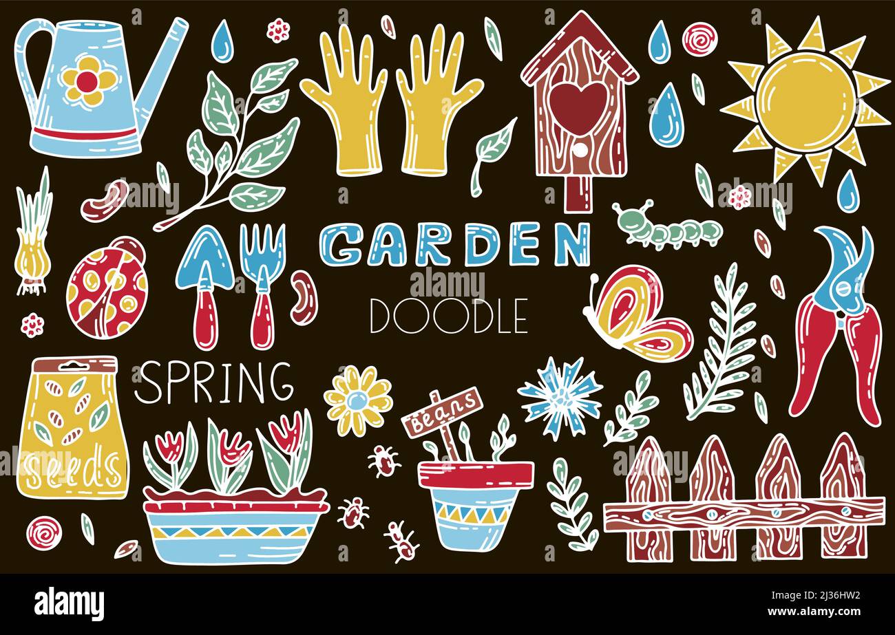 Vector gardening doodle set. Cartoon hand drawn isolated design ...