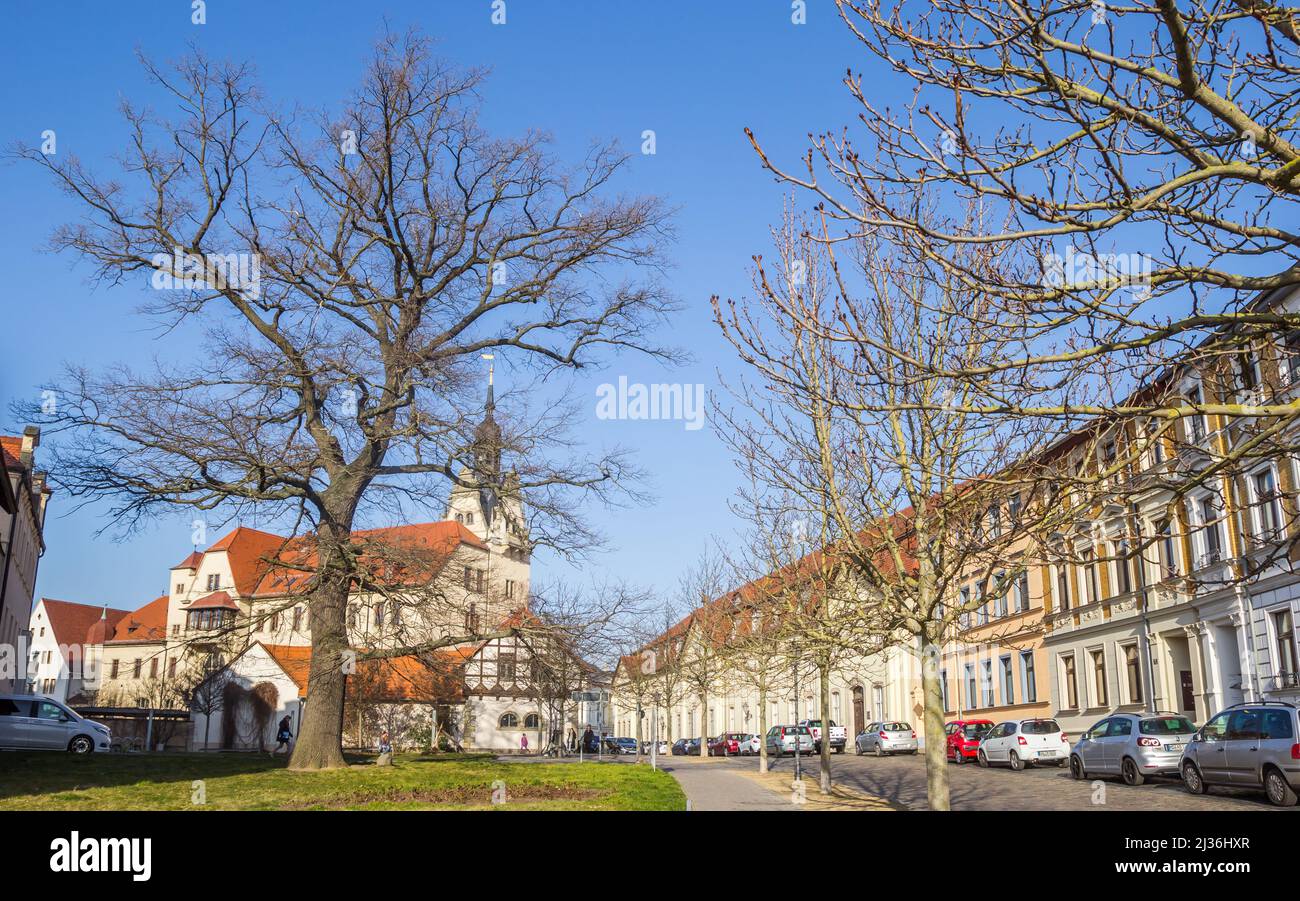 Street leading to the historic town hall of Bernburg, Germany Stock ...