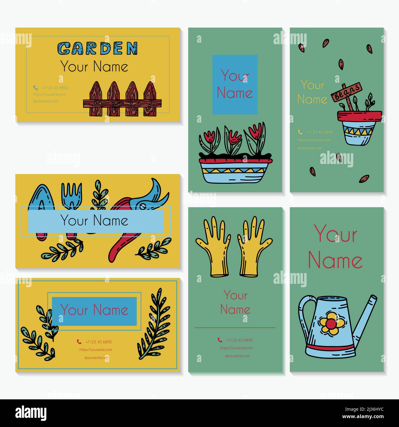 Vector gardening doodle business cards. Cartoon hand drawn isolated ...