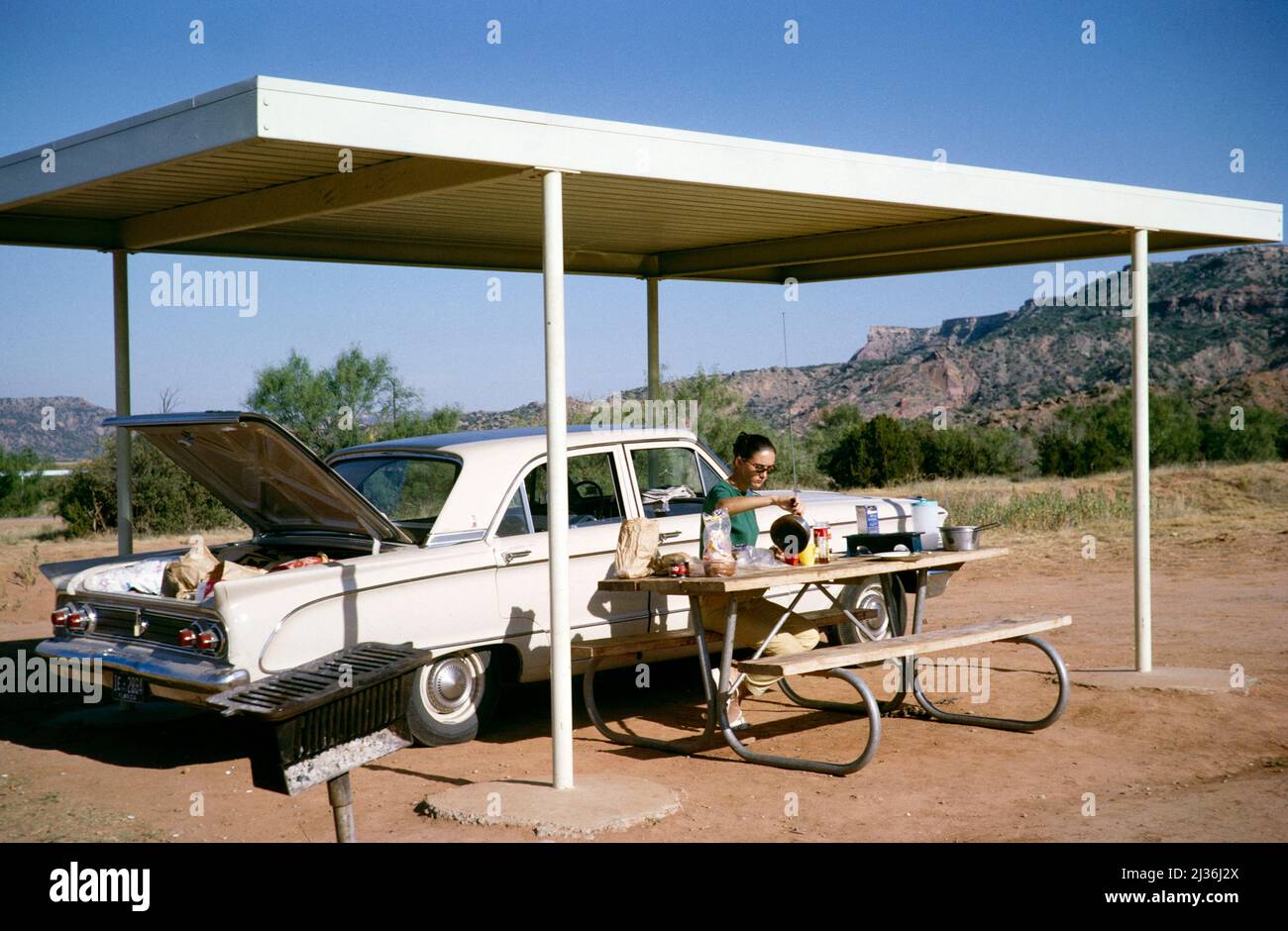 Woman sitting next to 1963 Mercury Comet automobile car, shaded ...