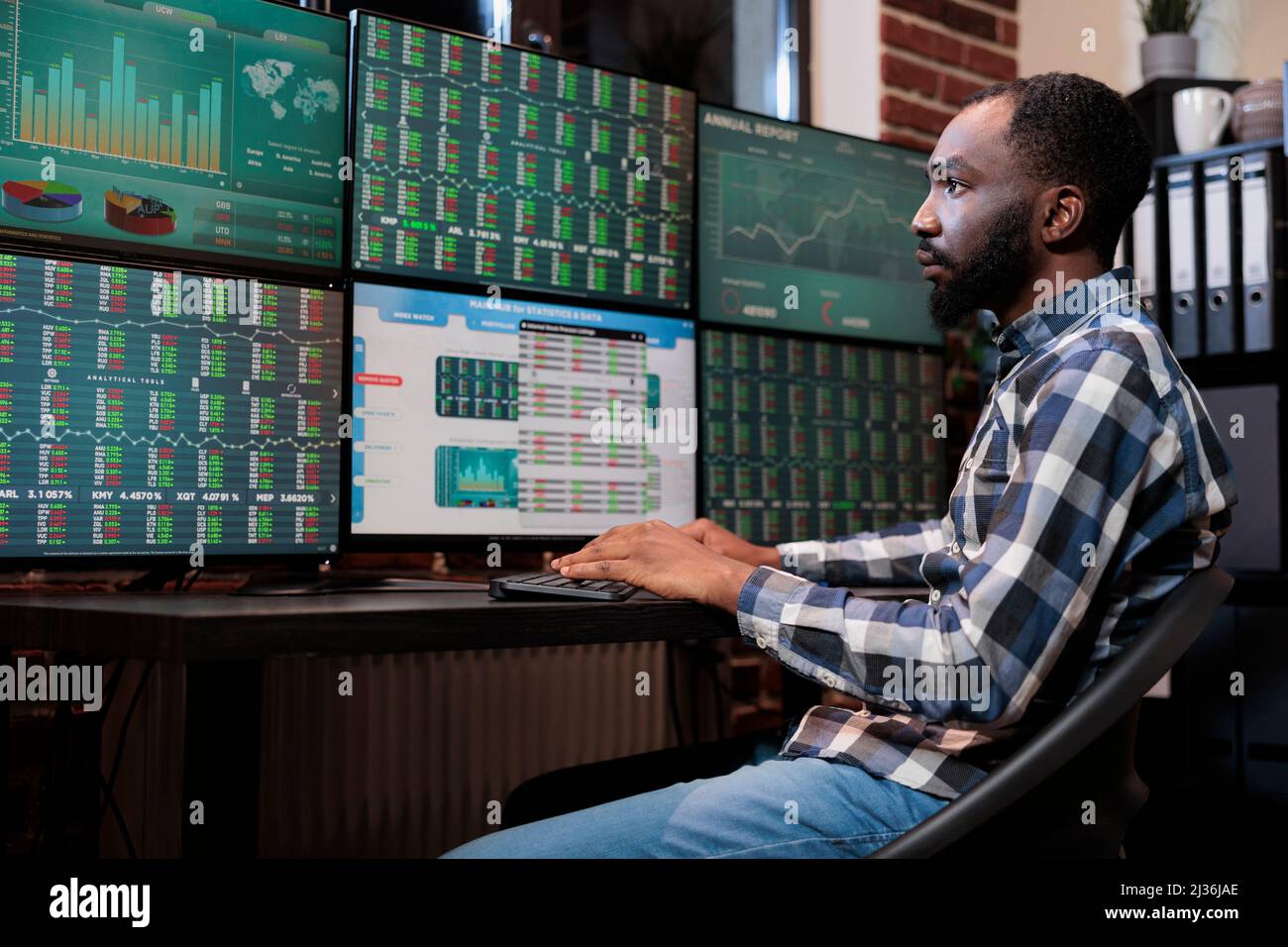 Working business man following forex stock market events in order to ...