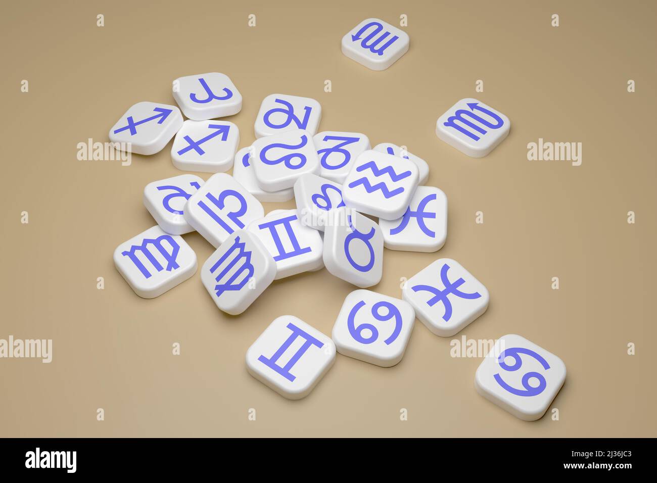 White square plates with blue icons of zodiac signs on a yellow surface ...