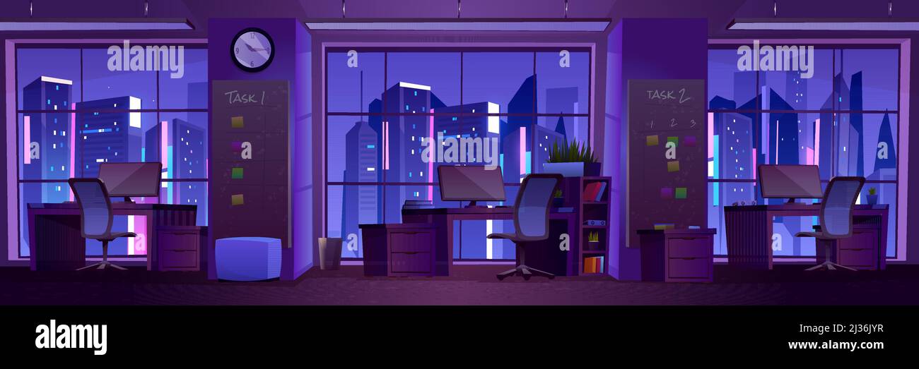Modern office interior at night. Business workplace, open space room ...