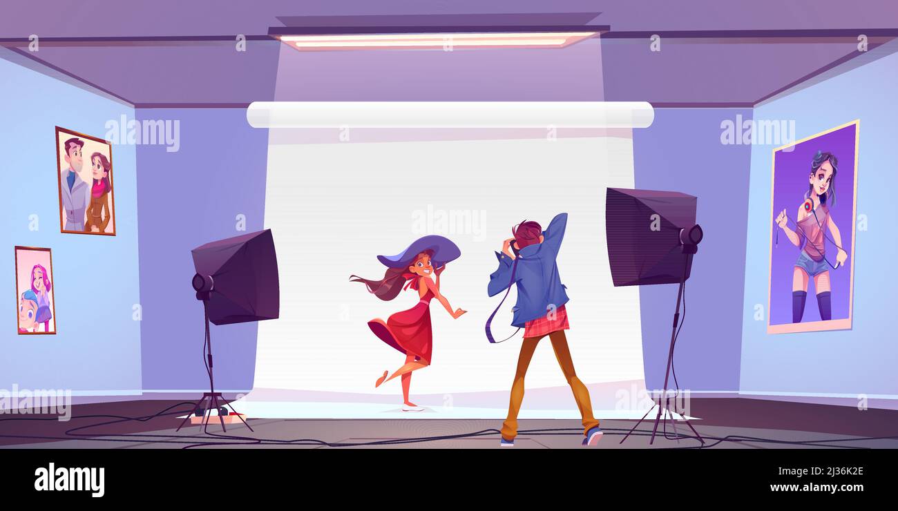 Model and man with camera in photography studio. Vector cartoon ...