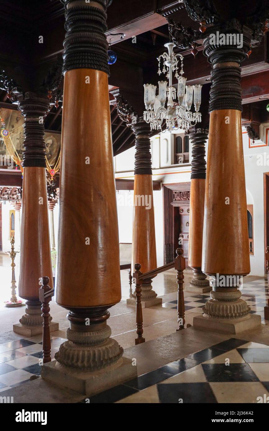 Columns and chandelier in the Chidambara Vilas luxury heritage resort ...
