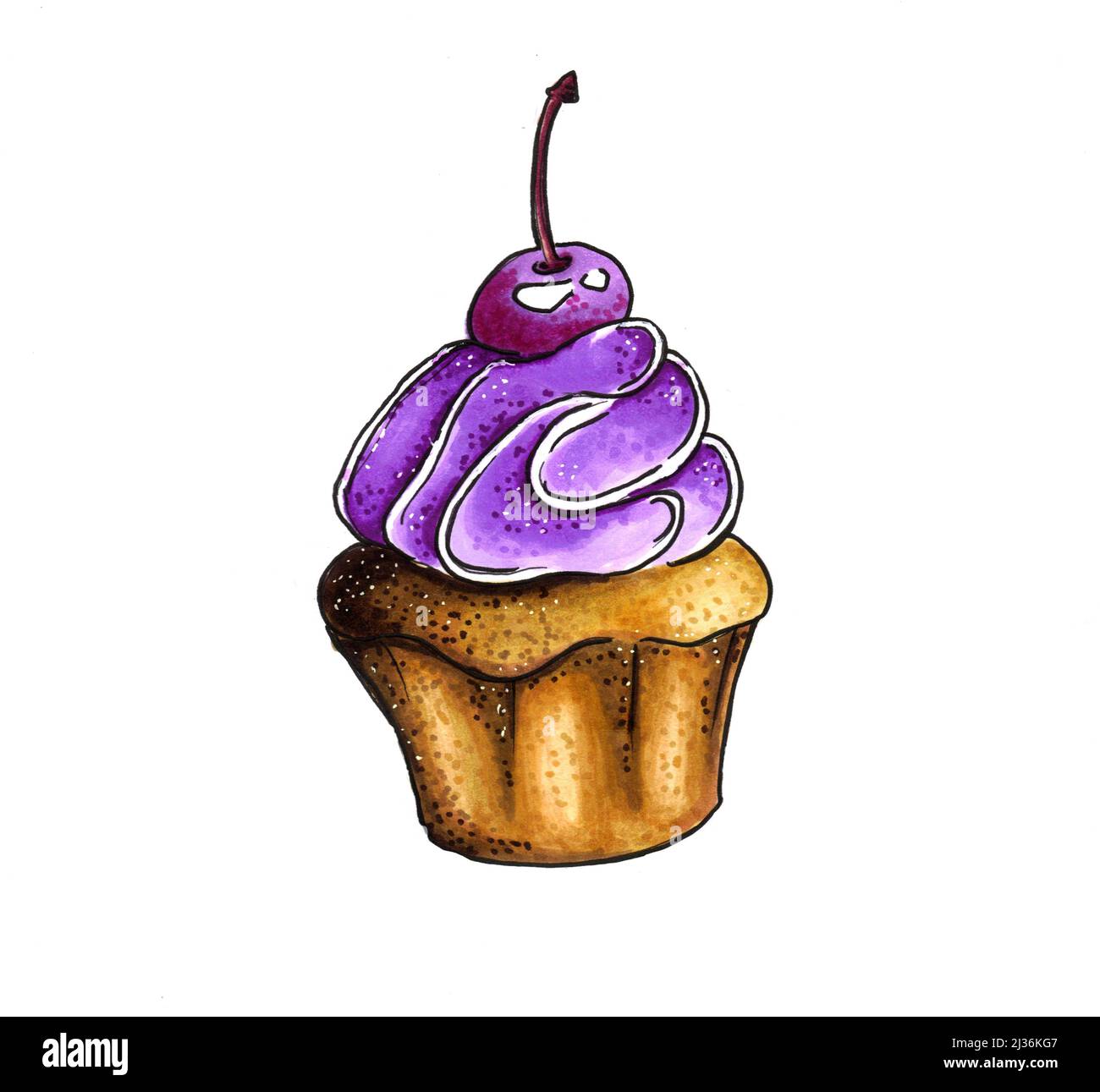 Sweet cupcake with purple cream and cherry. Drawing by hand, markers ...