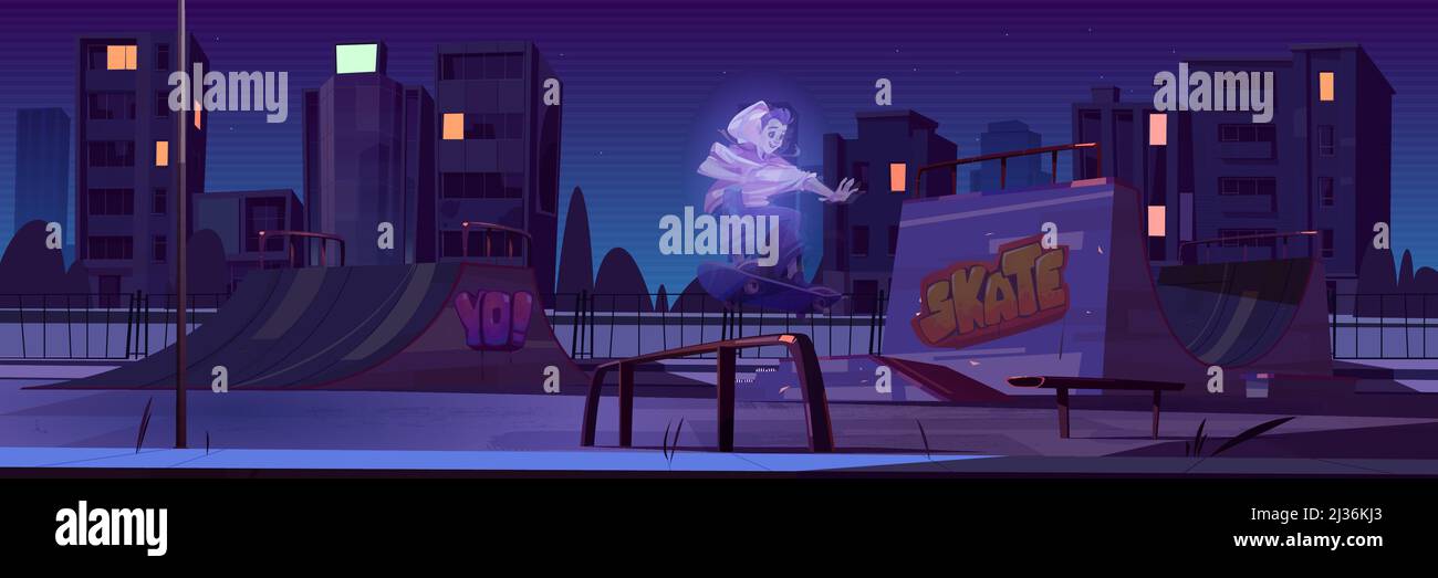 Skate park with boy ghost riding on skateboard at night. Vector cartoon ...