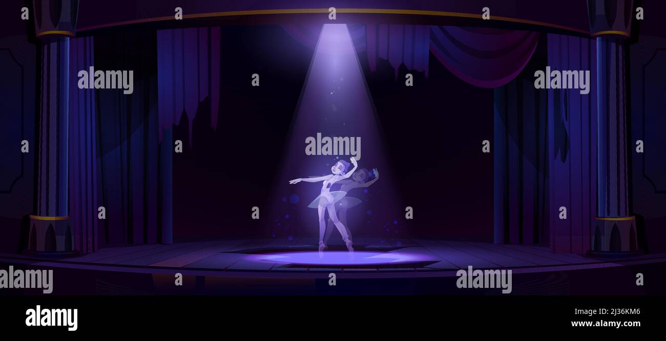 Ghost ballerina dance on old theater stage at night. Vector cartoon ...