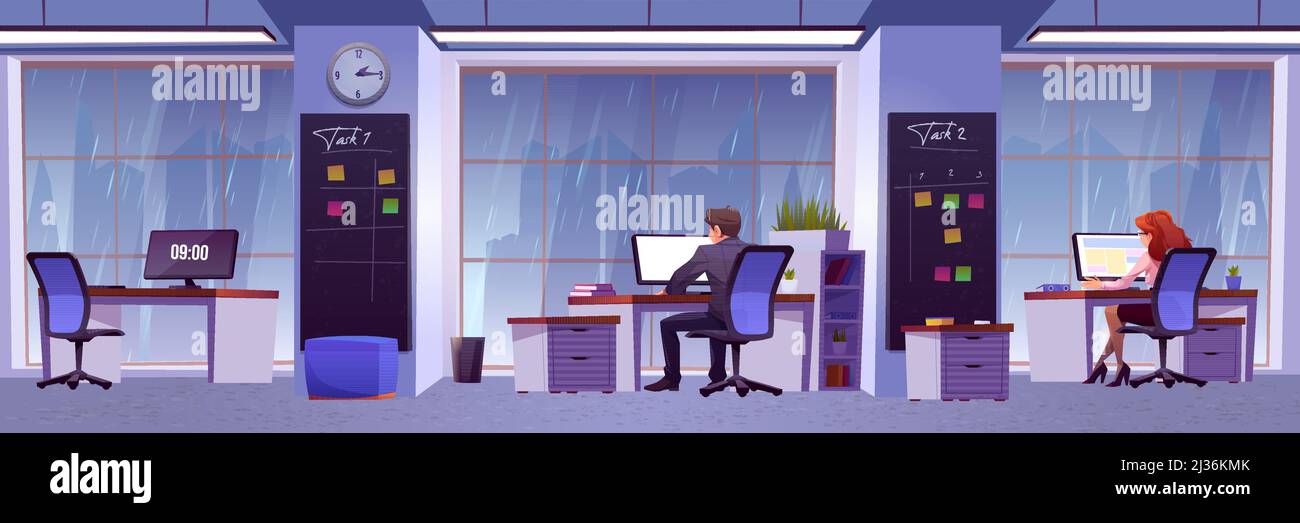 People work in modern office with rain outside window. Business ...
