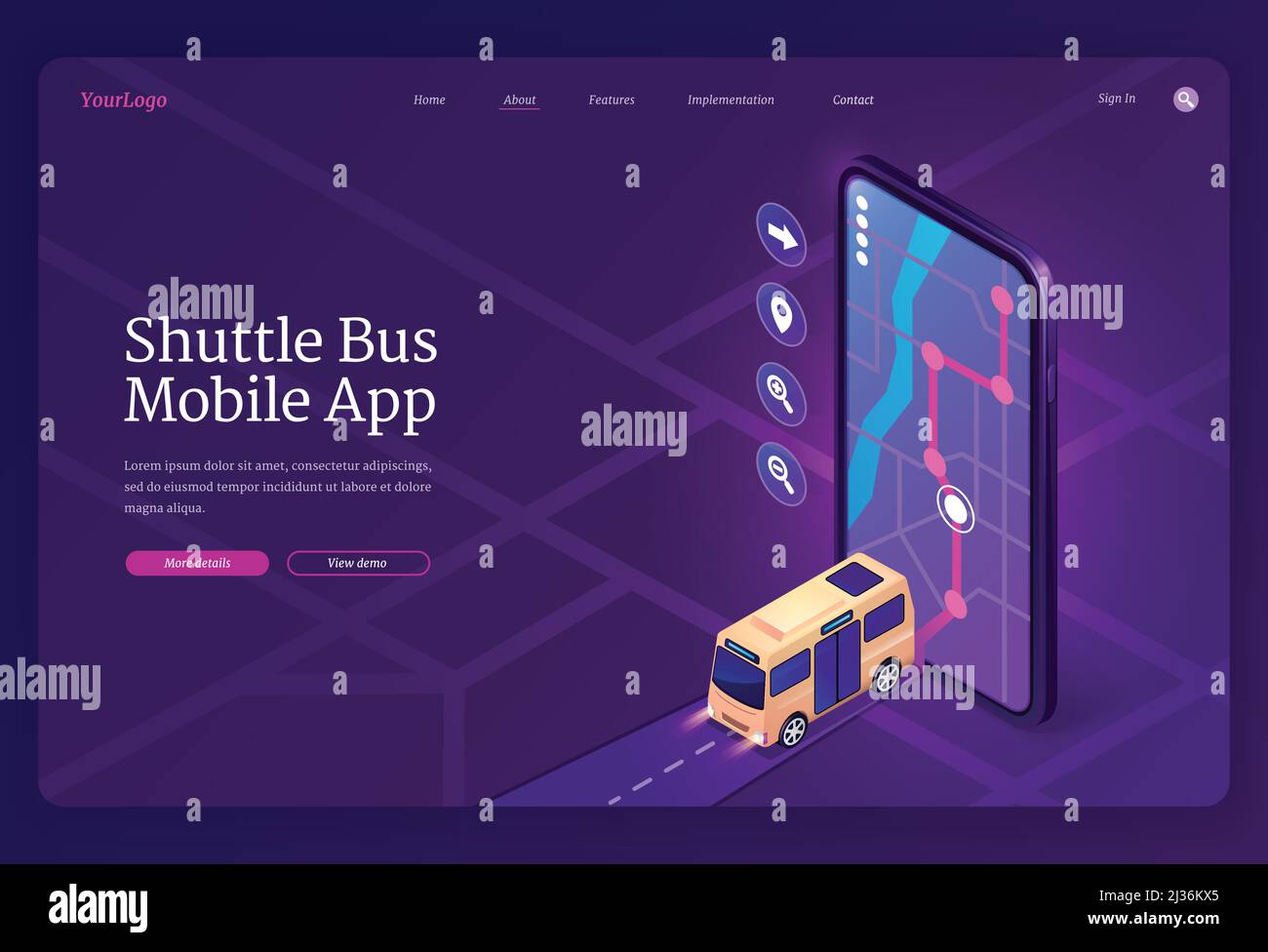 Shuttle bus mobile app isometric landing page. Application for ...