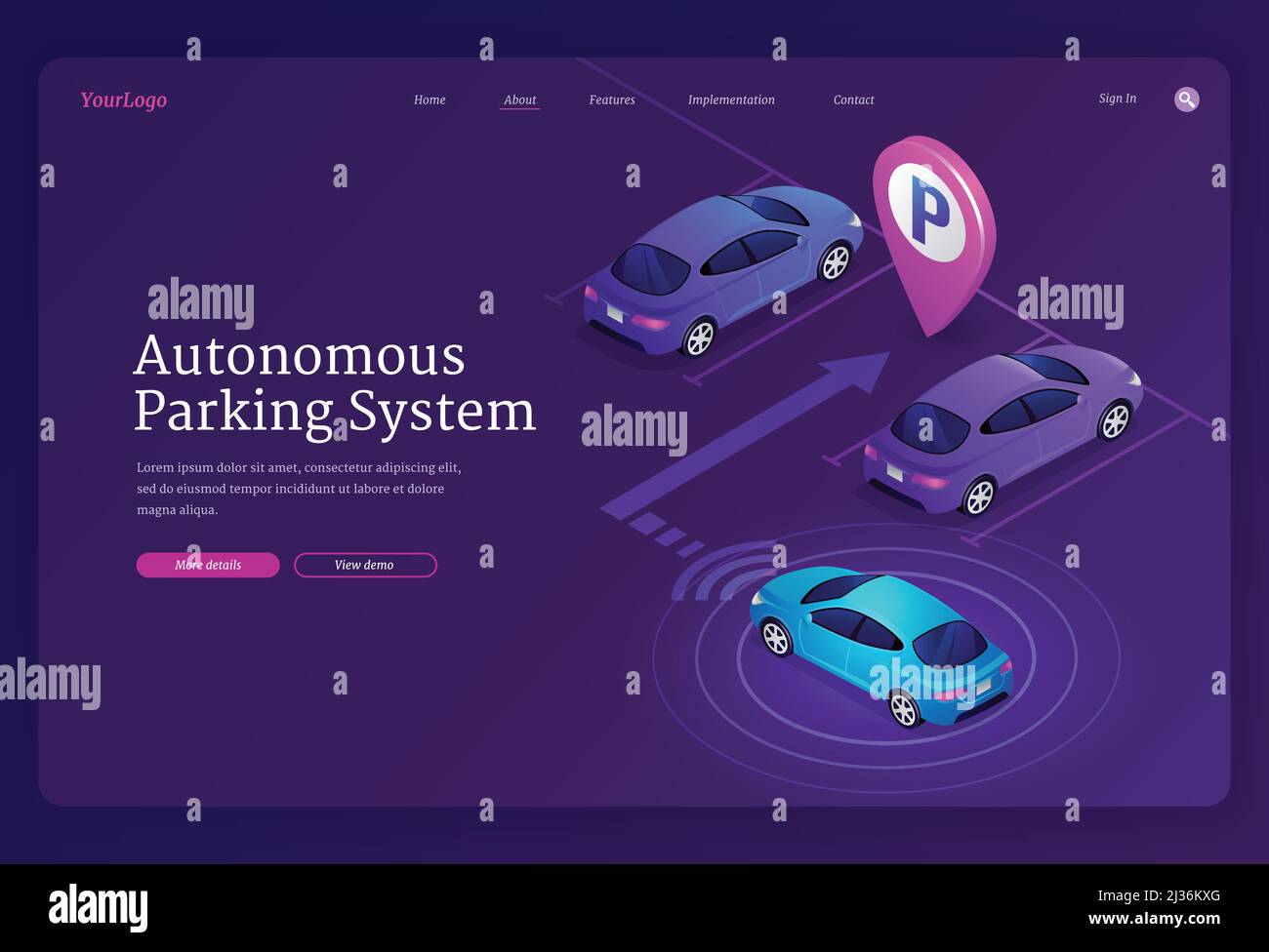 Autonomous parking system isometric landing page. Self driving smart ...