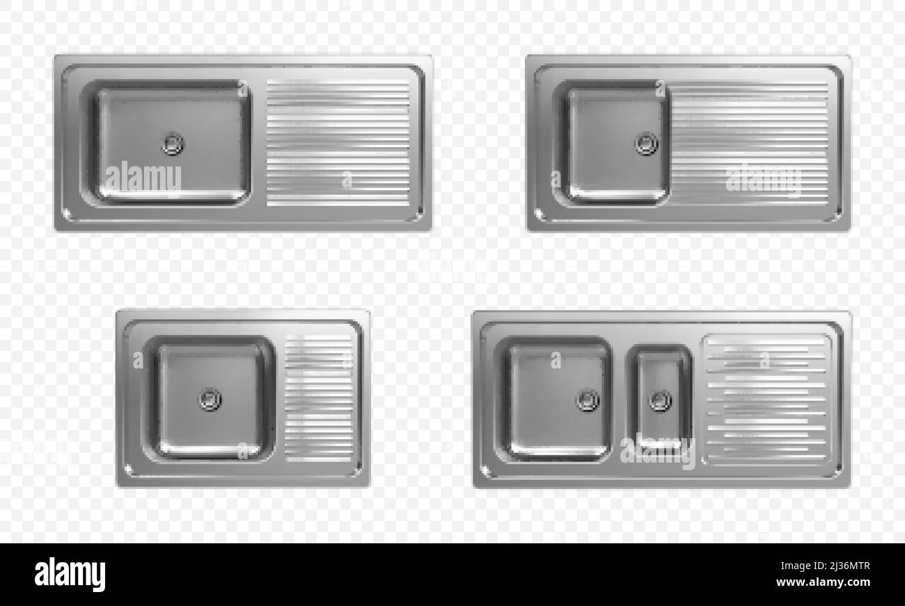 Stainless kitchen sinks top view. Vector realistic set of empty steel ...