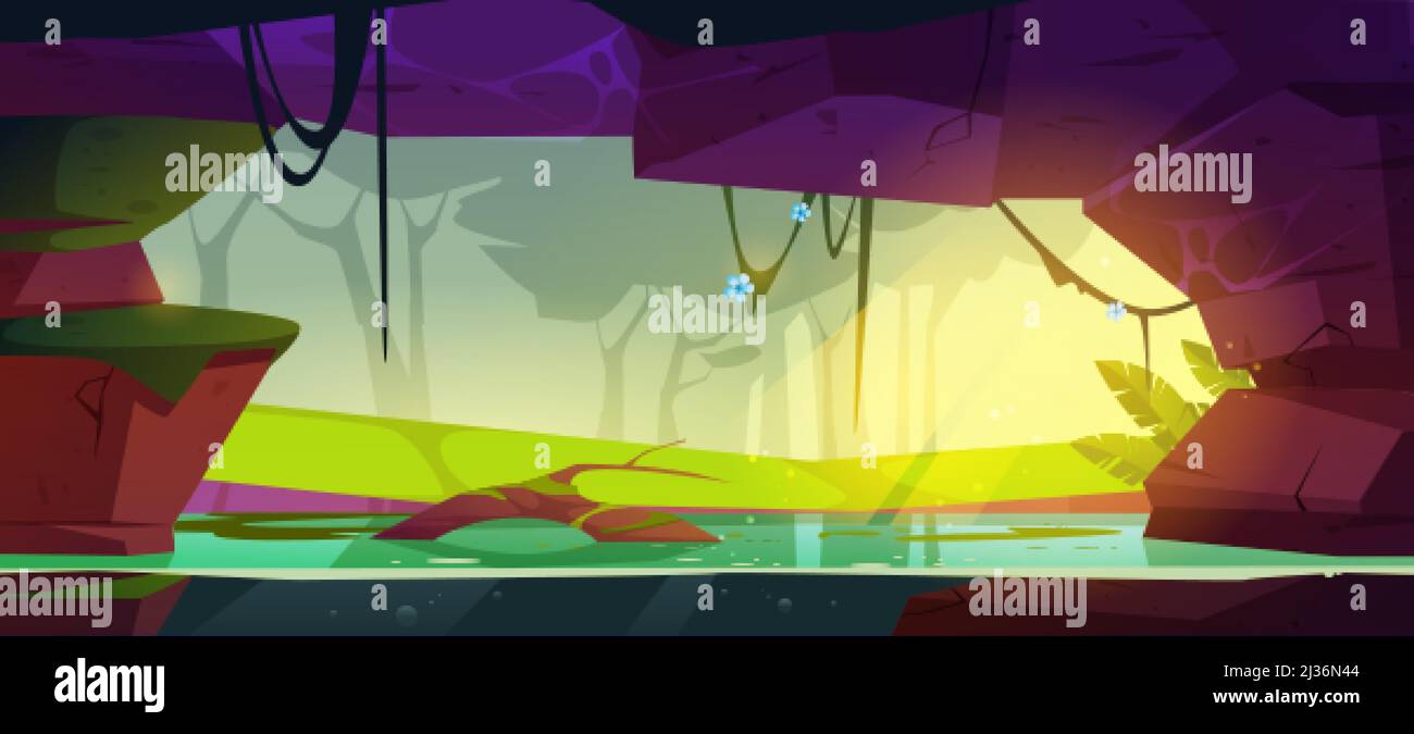 Cave with water in rock in jungle forest. Vector cartoon tropical ...