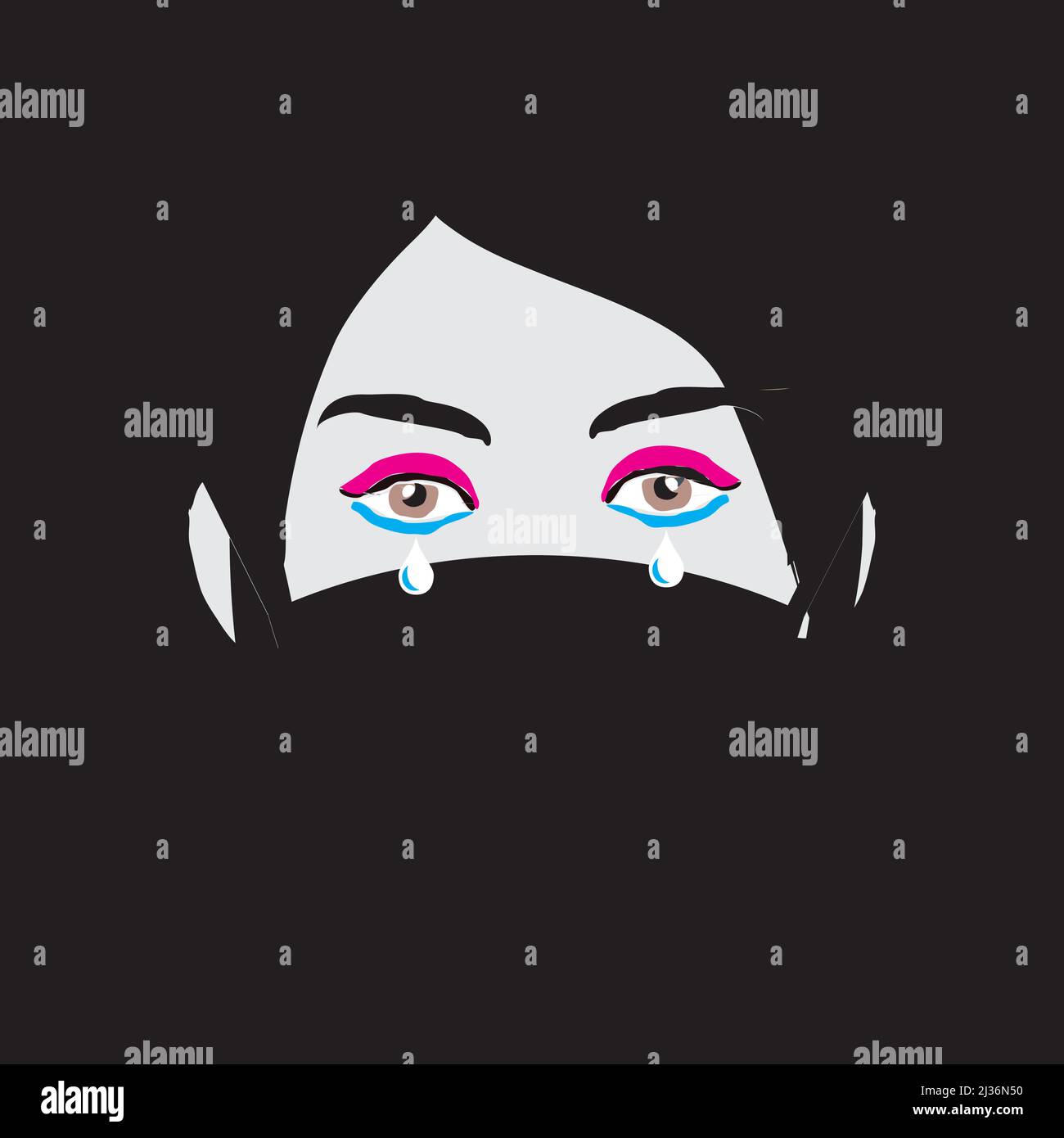 Illustration of a woman's face in a mask crying and shedding tears ...