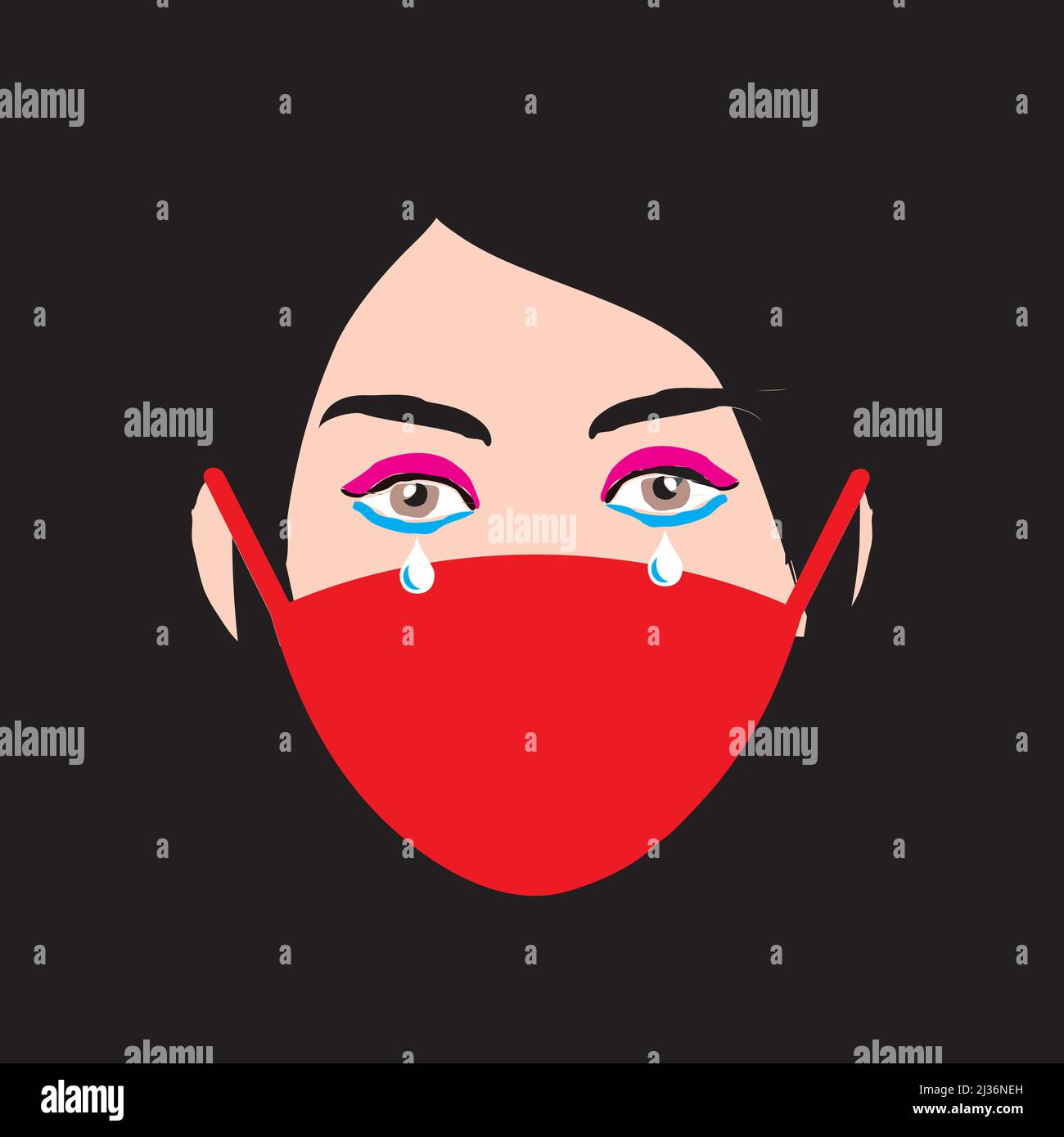 Illustration of a woman's face in a mask crying and shedding tears ...