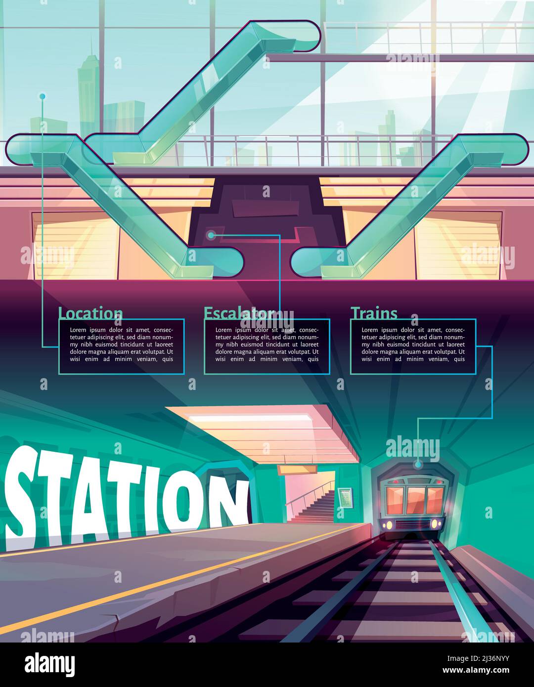 Infographic with train in metro station, escalators and cityscape ...